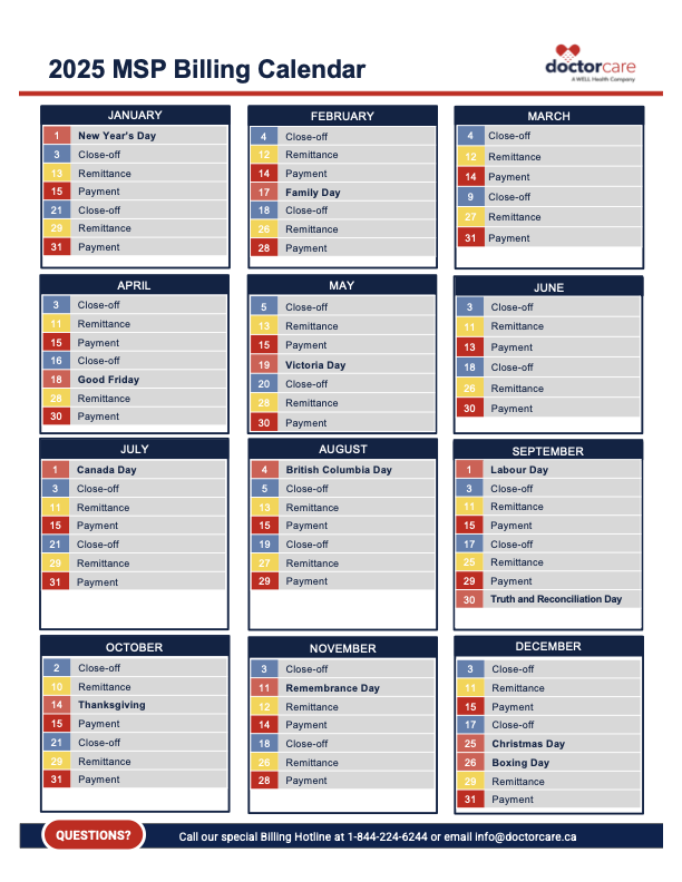 British-Columbia: 2025 MSP Billing Calendar